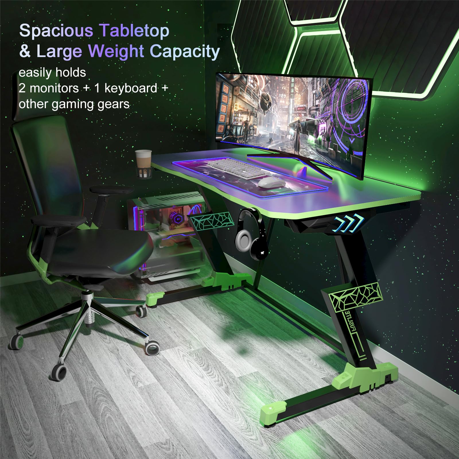 FUSLITE 63 Inch Gaming Desk, with Carbon Fiber Surface, Lightning-Shaped PC Computer Table, with Headphone Holder, Cup Holder, Cable Management Box, Gaming Table for Gamer, Black&Pink