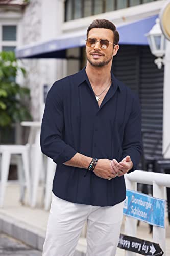 COOFANDY Men's Cuban Guayabera Shirts Casual Long Sleeve Button Down Shirt Summer Beach Tops Navy Blue