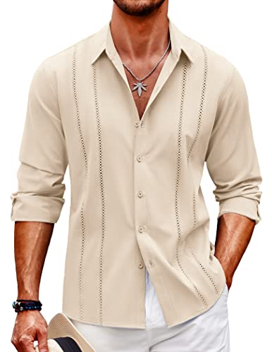 COOFANDY Men's Linen Shirts Casual Cuban Guayabera Shirt Long Sleeve Beach Shirts Beige