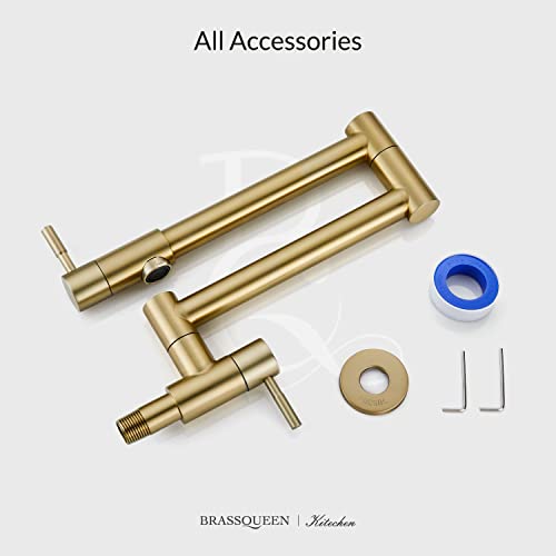 Brassqueen Wall Mounted Pot Filler Kitchen Faucet, Brushed Gold Finish, 2.2 GPM, 15 L/min, 1/2 NPT Connecting Thread, Stainless Steel Core, Dual Ceramic Valves, Anti-Scratch Matte Plating