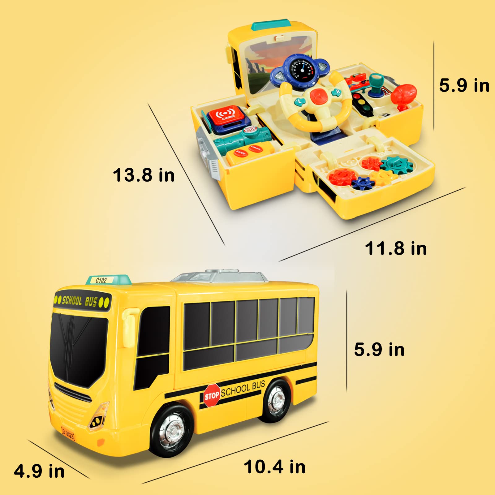 Hi-Tech School Bus Toy with Sound Light for Kids, Simulation Steering Wheel Gear Driving Pull Buses Education Knowledge Gift for Preschool Toddler Boys Girls Age 3 4 5 6 7 8