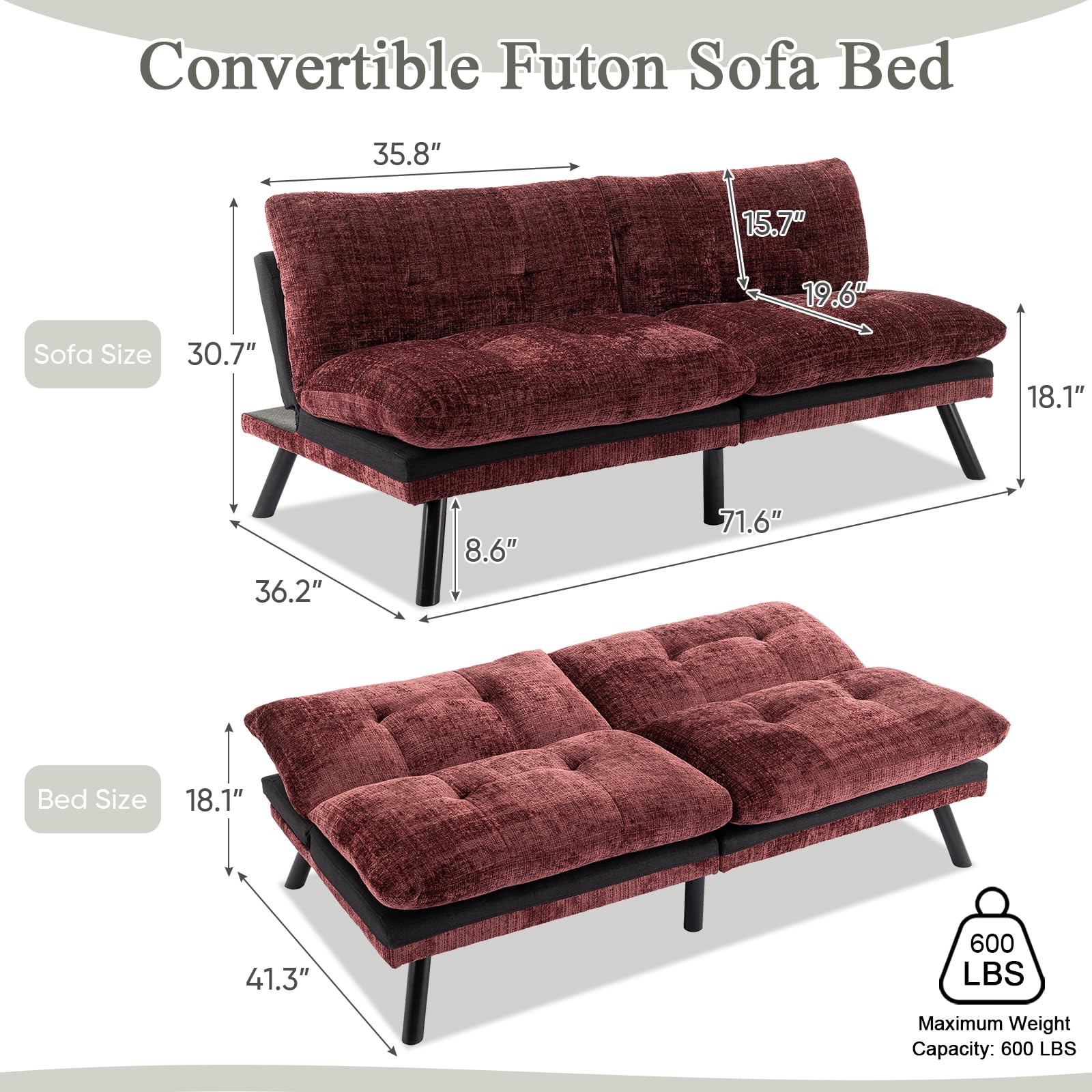 Convertible Comfy Futon Sofa Bed, 72" L Sleeper Couch with Thicker Cushion, Upholstered Modern Reclining Loveseat Folding Sofa for Small Living Room, Dorm, Apartment, Office, Blue