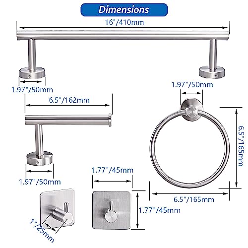 GERUSEA 6 PCS Bathroom Hardware Set, Brushed Nickel Towel Bar, Stainless Steel Towel Rack Wall Mounted Bathroom Accessories Set, 16'' Hand Towel Rod, Toilet Paper Holders, Towel Ring, 3 Towel Hooks