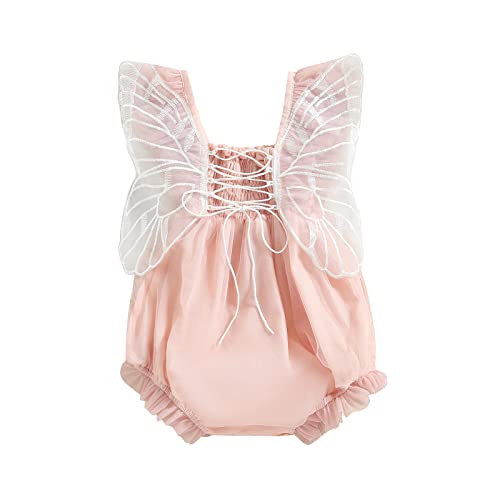 CREAIRY Baby Girl Butterfly Wings Short Sleeve Romper Dress Lace Tulle Tutu Dress Bodysuit Jumpsuit Birthday Summer Outfits (Pink, 9-12 Months)