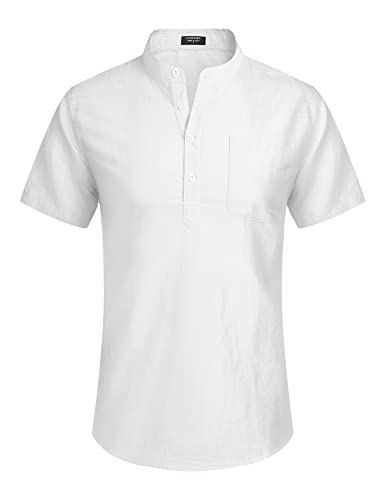 COOFANDY Mens Cotton Linen Henley Hippie Casual Beach T Shirt with Pocket, 01-White, X-Large, Short Sleeve
