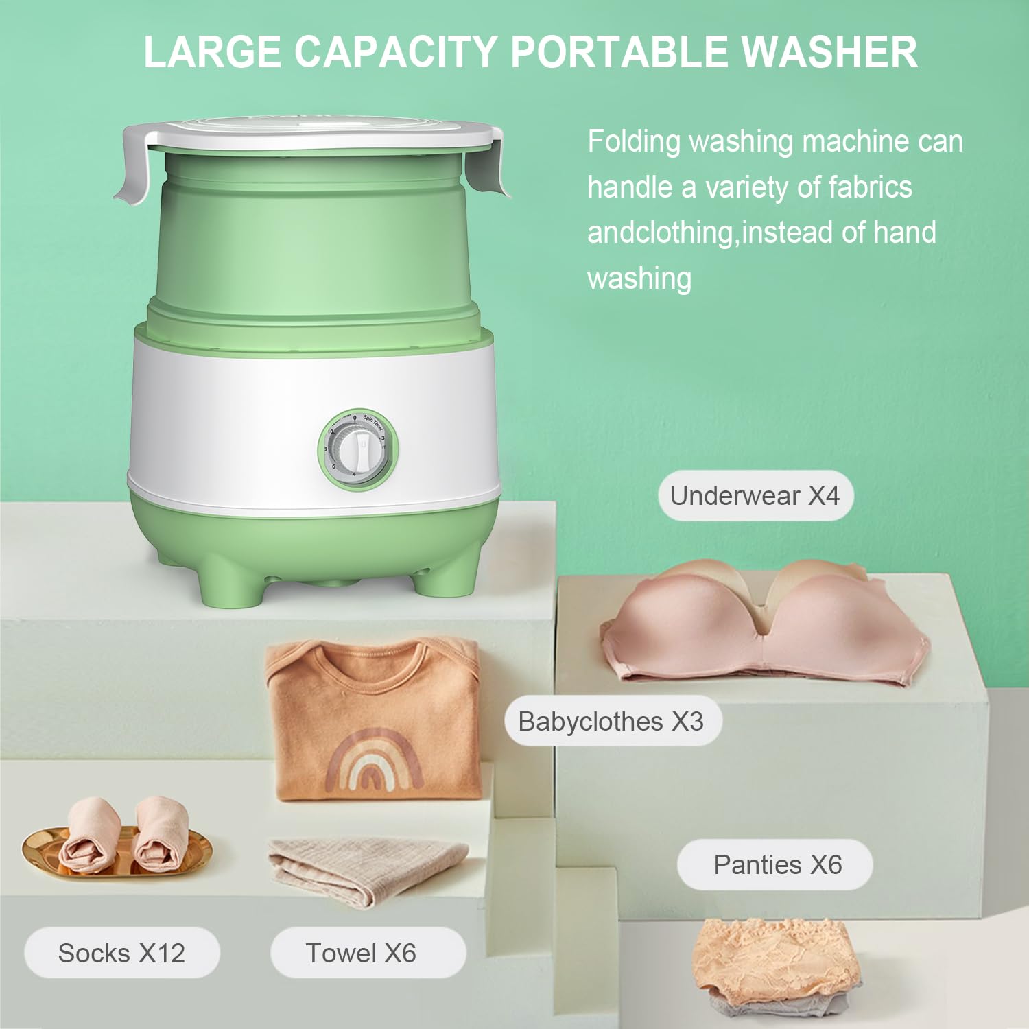 Small Portable washing machine,Camping laundry washer ,Portable Laundry Tub with Pipe,mini Washer,Small Clothes Washing Machine Washer for baby,Pet clothes,Travelling,Camping (Green)