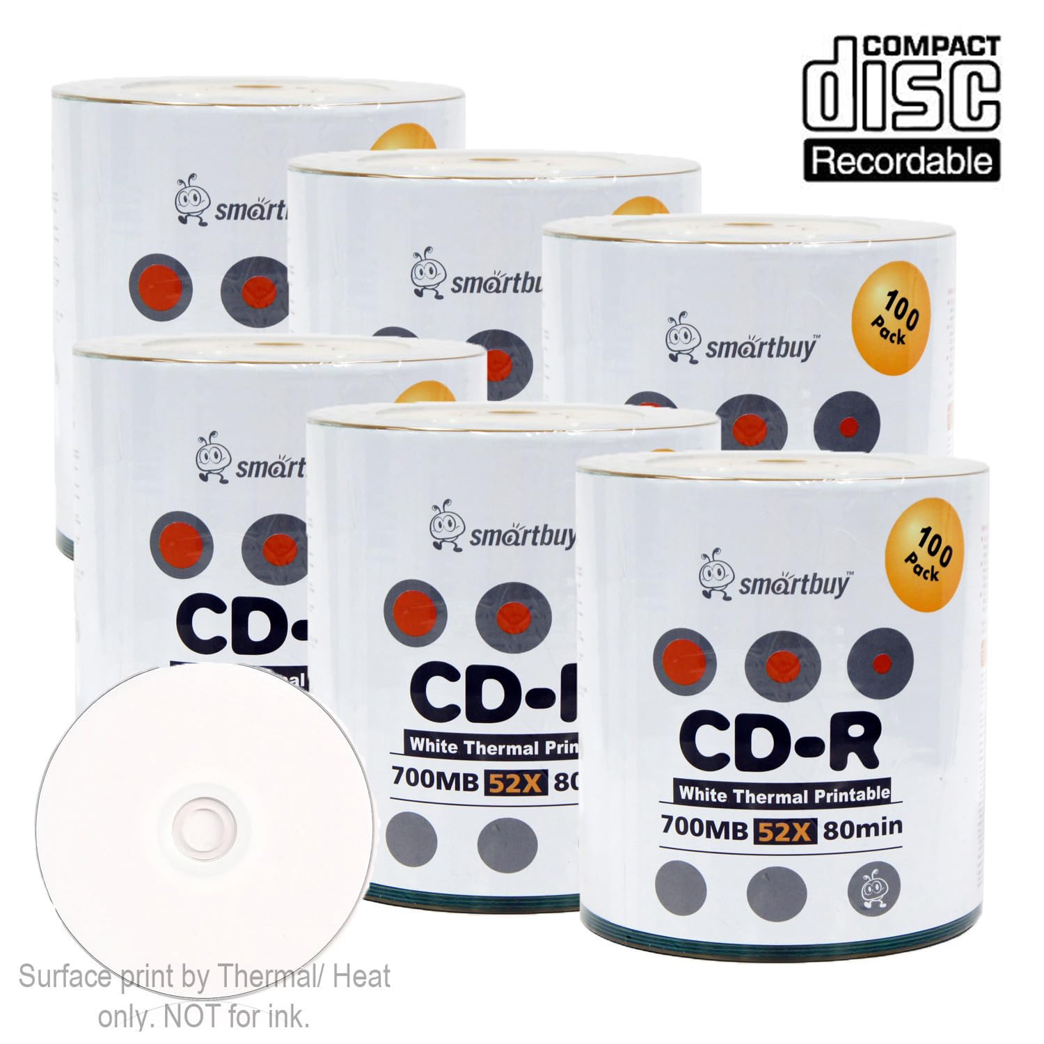 Smartbuy 600-disc 700mb/80min 52x CD-R White Thermal Hub Printable Blank Recordable Media Disc