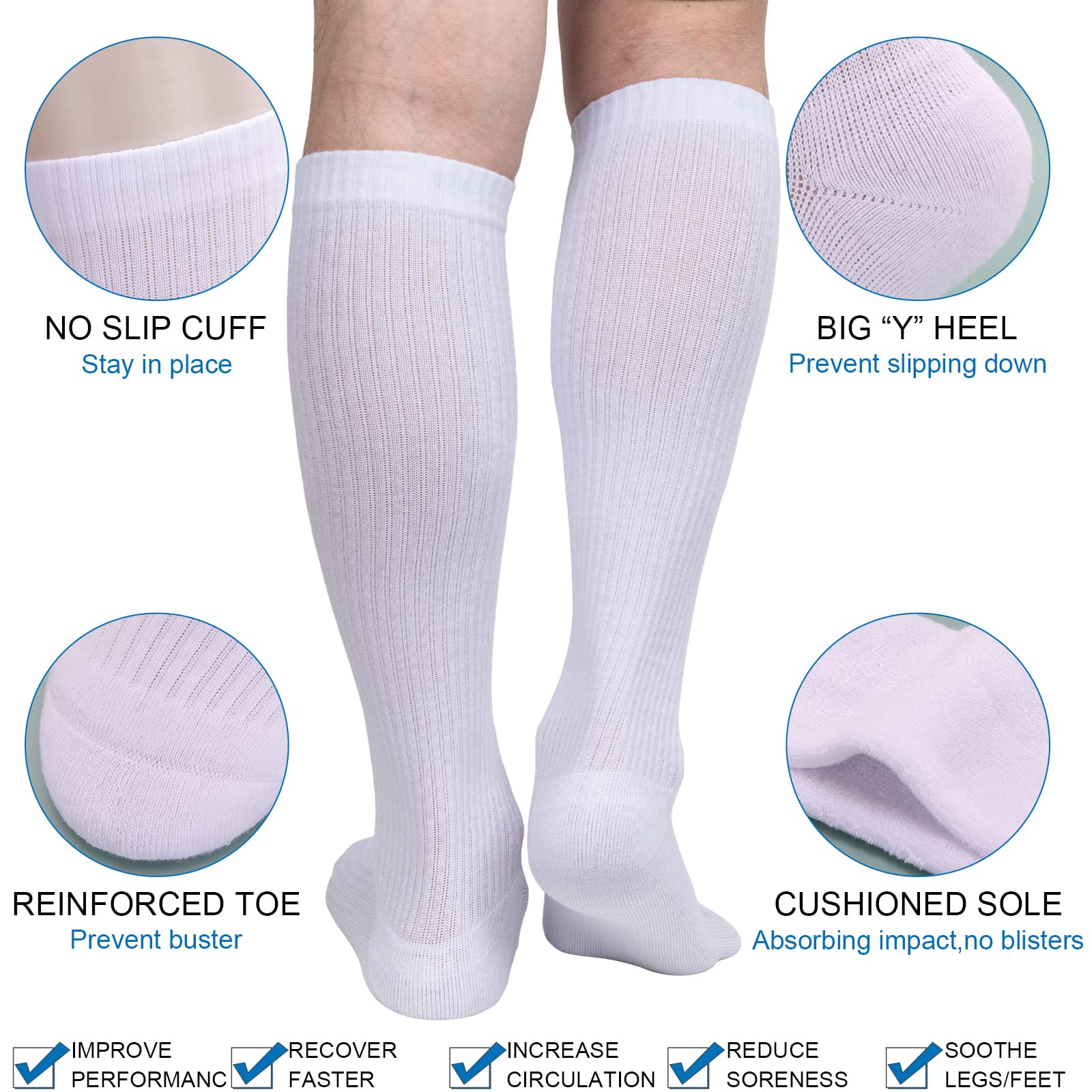 Athlemo 6Pairs Cotton Compression Socks for Men & Women Circulation 8-15mmHg Knee High Socks