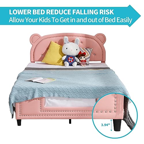CECER Twin Bed Frames for Kids, Pink Children Platform Bed, Kid Bed Frame with Bear Shaped Headboard, Faux Leather Upholstered, Rivet Decoration, Wood Slats, No Spring Box Needed