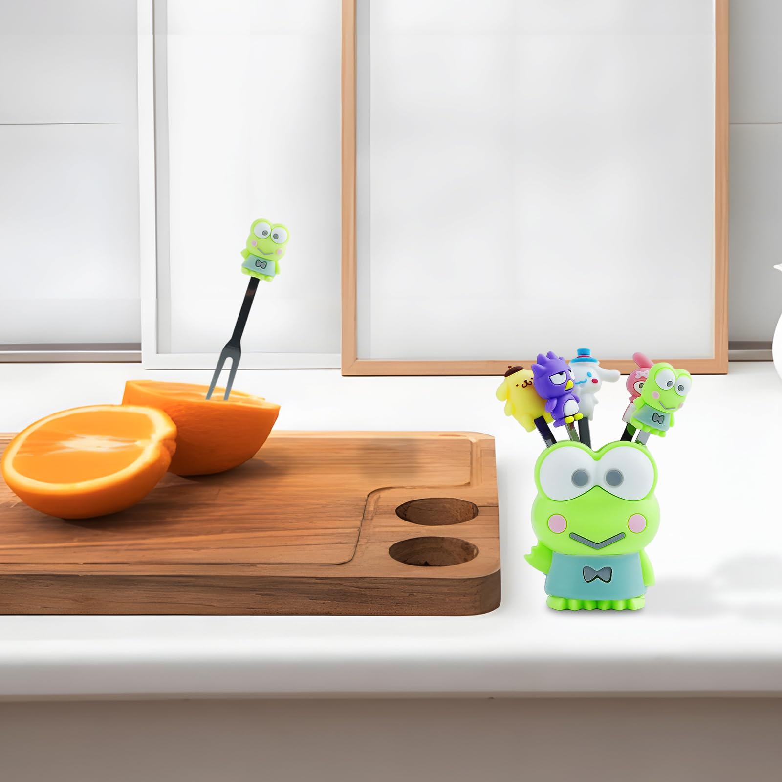 Cartoon Mini Fruit Fork, Cute Set of 6 Fruit Forks with Holder Stainless Steel Food Pick Forks for Home (Cha-SRO)