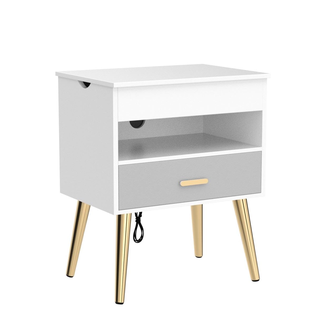 Cyclysio 35'' Nightstands Set of 2 with Reversible Lift Top, Large Night Stand with Lights, Tall Bedside Table with Charging, White Modern Side Table