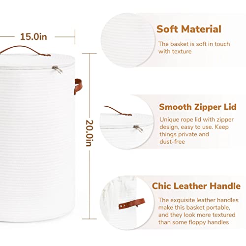 CHICVITA Tall Laundry Basket with Lid, White Clothes Laundry Hamper for Nursery, Cotton Rope Storage Basket for Clothes, Blankets, Toys, Laundry Bin, 15 x 20 inches