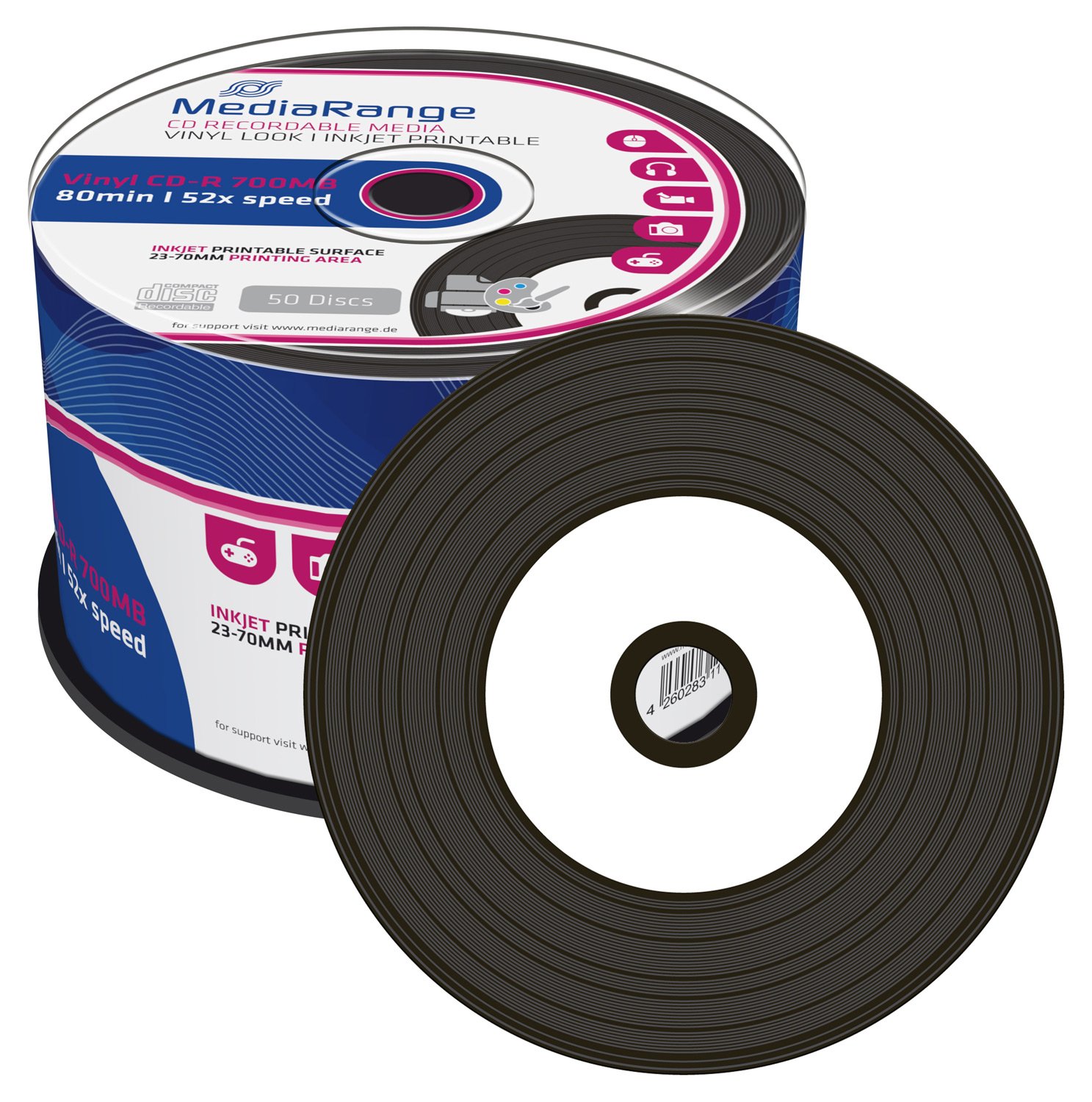 MediaRange MR226 Vinyl CDR80 700MB 52x (50) Cake Box Inkjet Printable