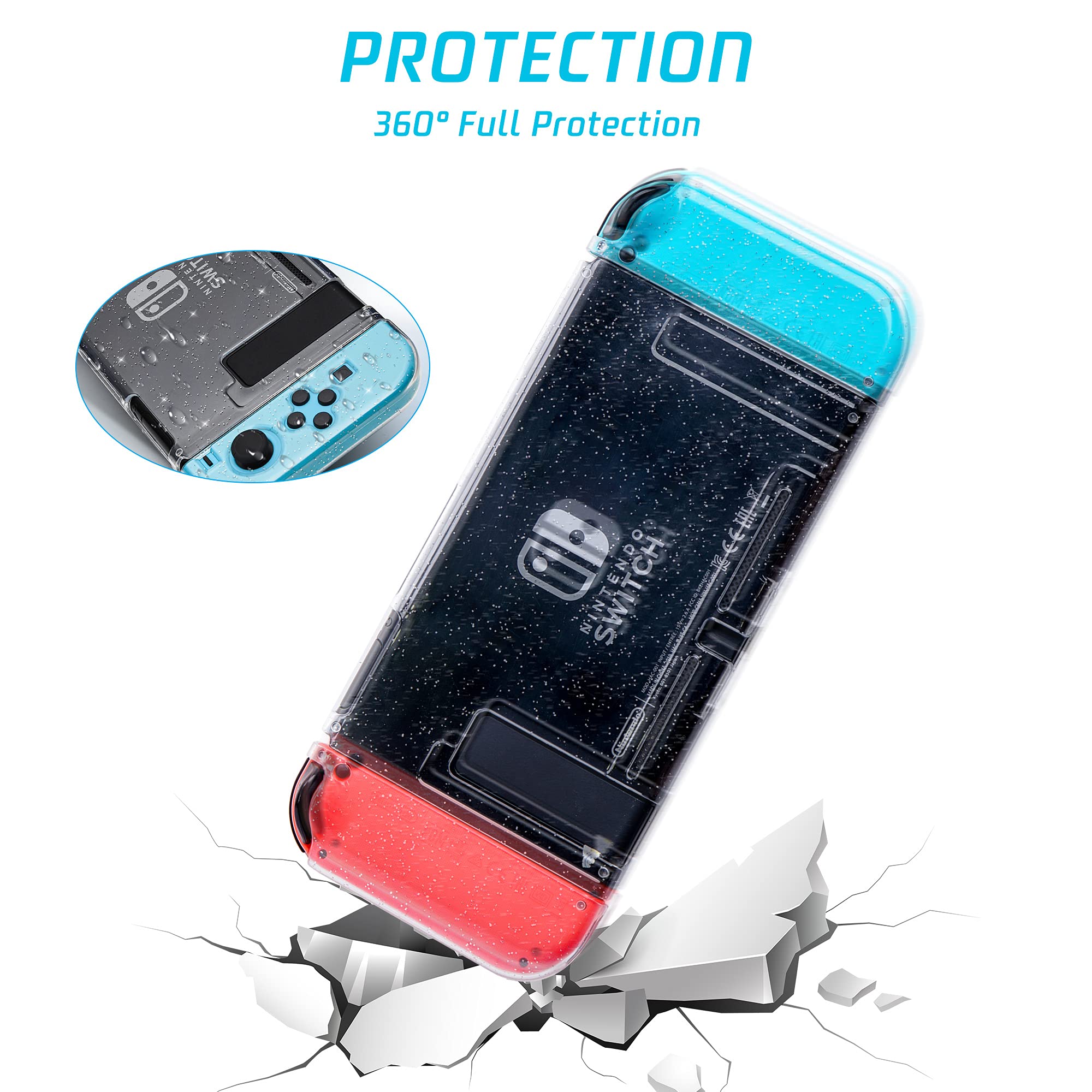FANPL Glitter Clear Case for Nintendo Switch, TPU Silicone Soft Shell Dockable Protective Case Cover for Switch and Joy Con Controller with 2 Bling Thumb Grips (Transparent)