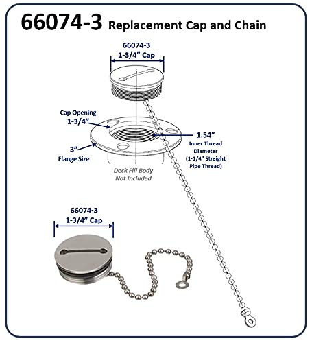 Attwood Attwood 66074-3 Stainless Steel Deck Fill Replacement Cap and Chain fits Attwood Deck Fills with a 3.0” Flange Size