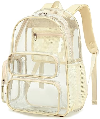 CAMTOP Clear Backpack Heavy Duty PVC Transparent Bag See Through BookBag for Student School Work Festival Sport Travel(17 Inch,Beige)