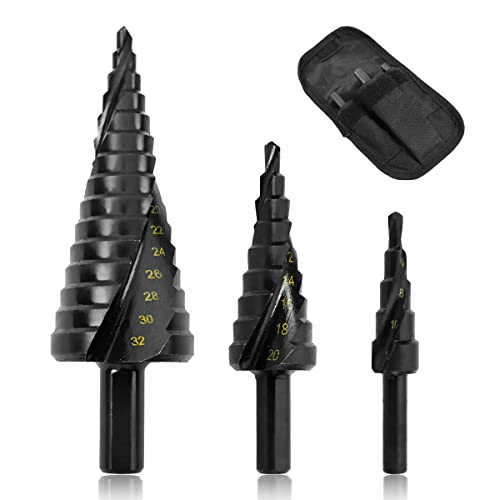 Canitu 3Pcs Nitride Spiral Step Drill Bit Set, 4-12/4-20/4-32 1/4" Hex Shank Cone Titanium Coated HSS Unibit Spiral Grooved Step Drill Bits for Steel, Plastic, Wood, Sheet Metal Hole Drilling