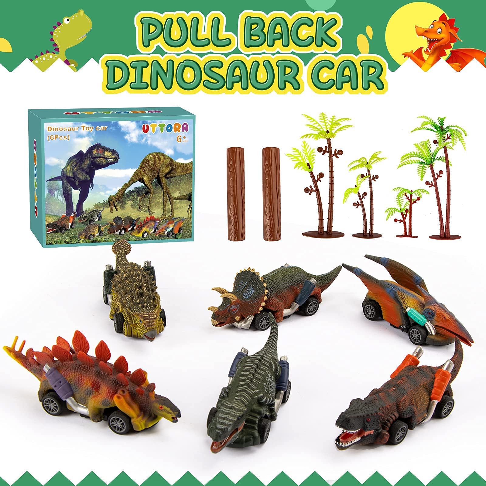 Kizmyee Dinosaur Toy Pull Back Cars, 6 Pack Dino Toys for 6 Year Old Boys and Toddlers, Boy Toys Age 6 and Up, Pull Back Toy Cars