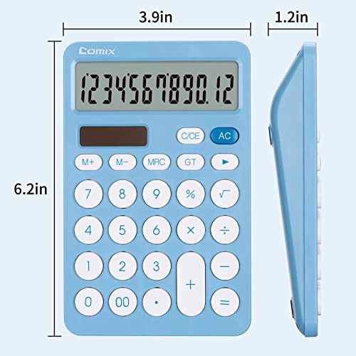 Comix Desktop Calculator with Large LCD Display and Big Button, 12 Digits Baisc Calculator, Standard Calculator, Solar Battery Dual Powered, for Office Home School & Business Use (Blue)