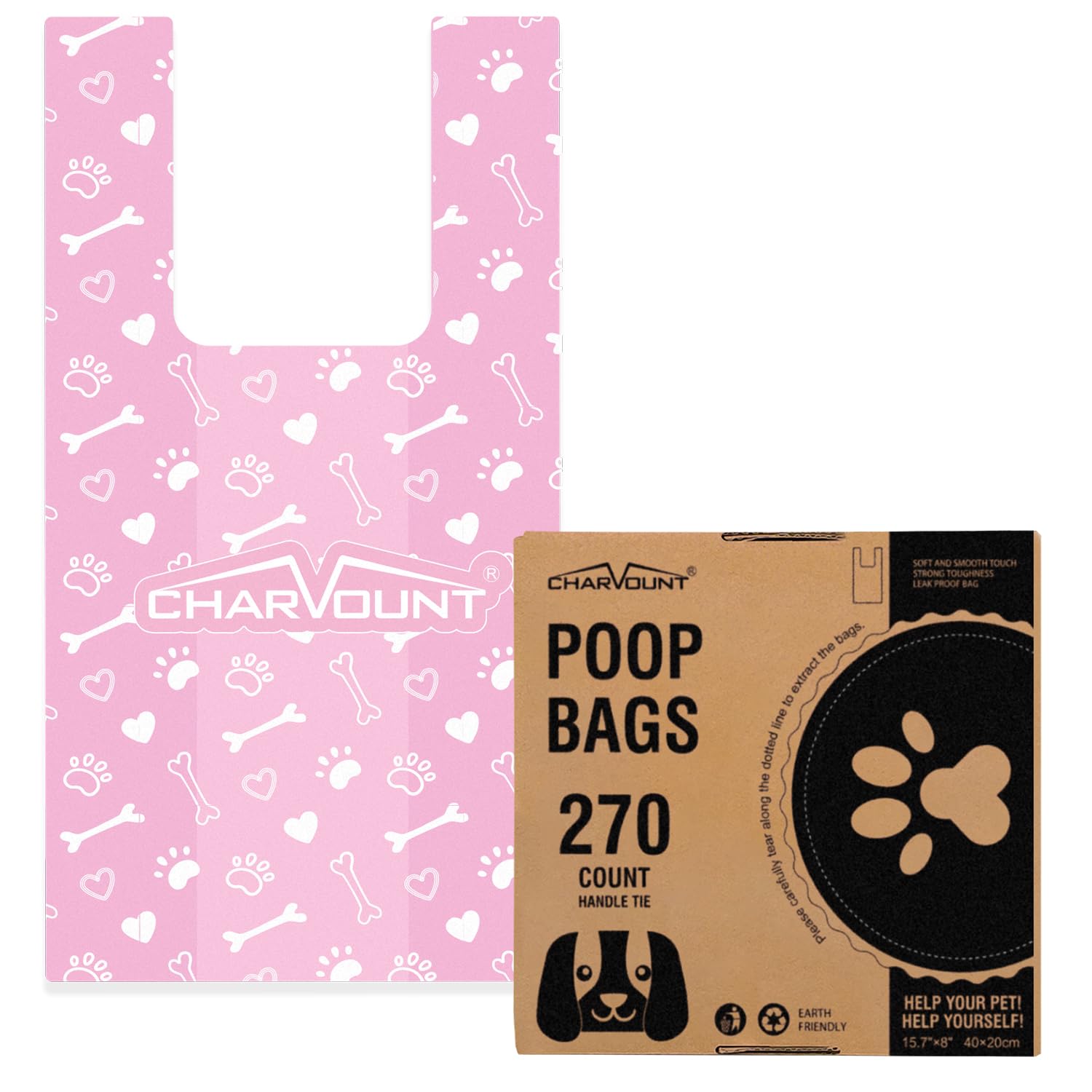 Charmount 270 Counts Large Dog Poop Bags with Handles, 16"x8"Extra Thick Dog Poop Bags Rolls, Leak Proof and Easy Tie, Unscented Doggy Poop Bags, Cat Litter Bags, Compostable Poop Bags, Pink