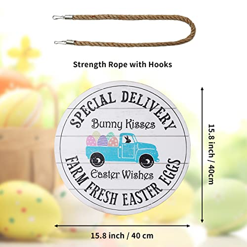 CYPREWOOD Easter Decoration Sign for the Home, 16" Large Farmhouse Wooden Easter Decor, Easter Signs for Door Hanger, Yard (Little Blue Truck Easter)