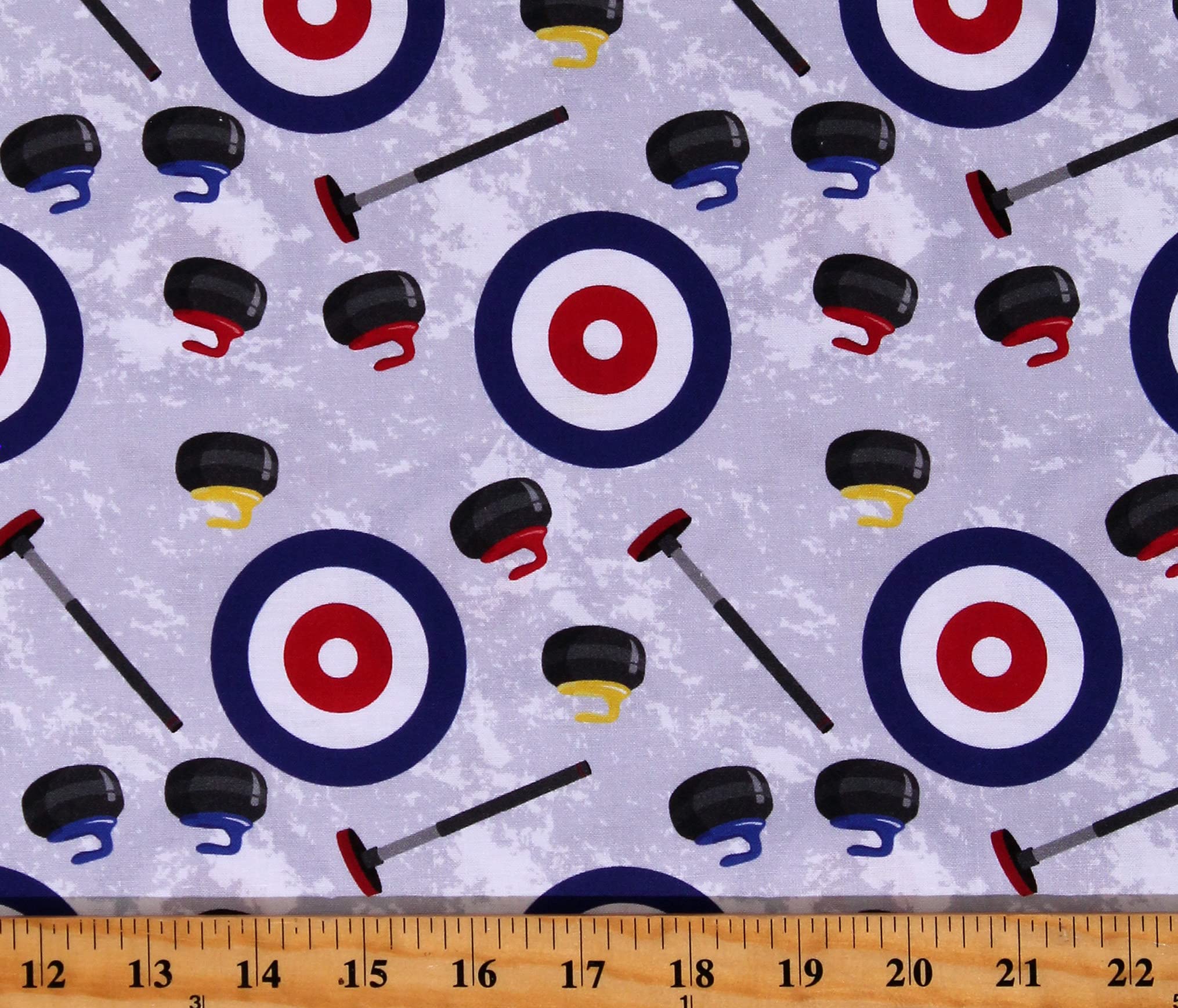 Cotton Curling Stones Brooms House Targets Winter Olympics Ice Sports on Gray Cotton Fabric Print by The Yard (D667.78)