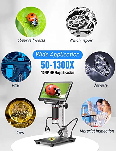 Dcorn 7" HDMI LCD Digital Microscope,1300X Coin Microscope for Adults,16MP Micro Soldering Video Microscope with LED Lights Touch Control, Windows/Mac OS/TV Compatible