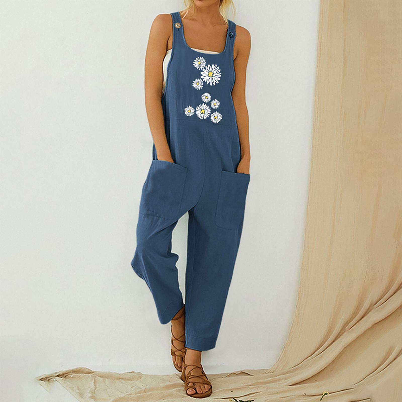 Bravetoshop Women's Sleeveless Suspender Jumpsuit Casual Baggy Overalls Hippies Baggy Romper with Pockets (B-Blue,XXL)
