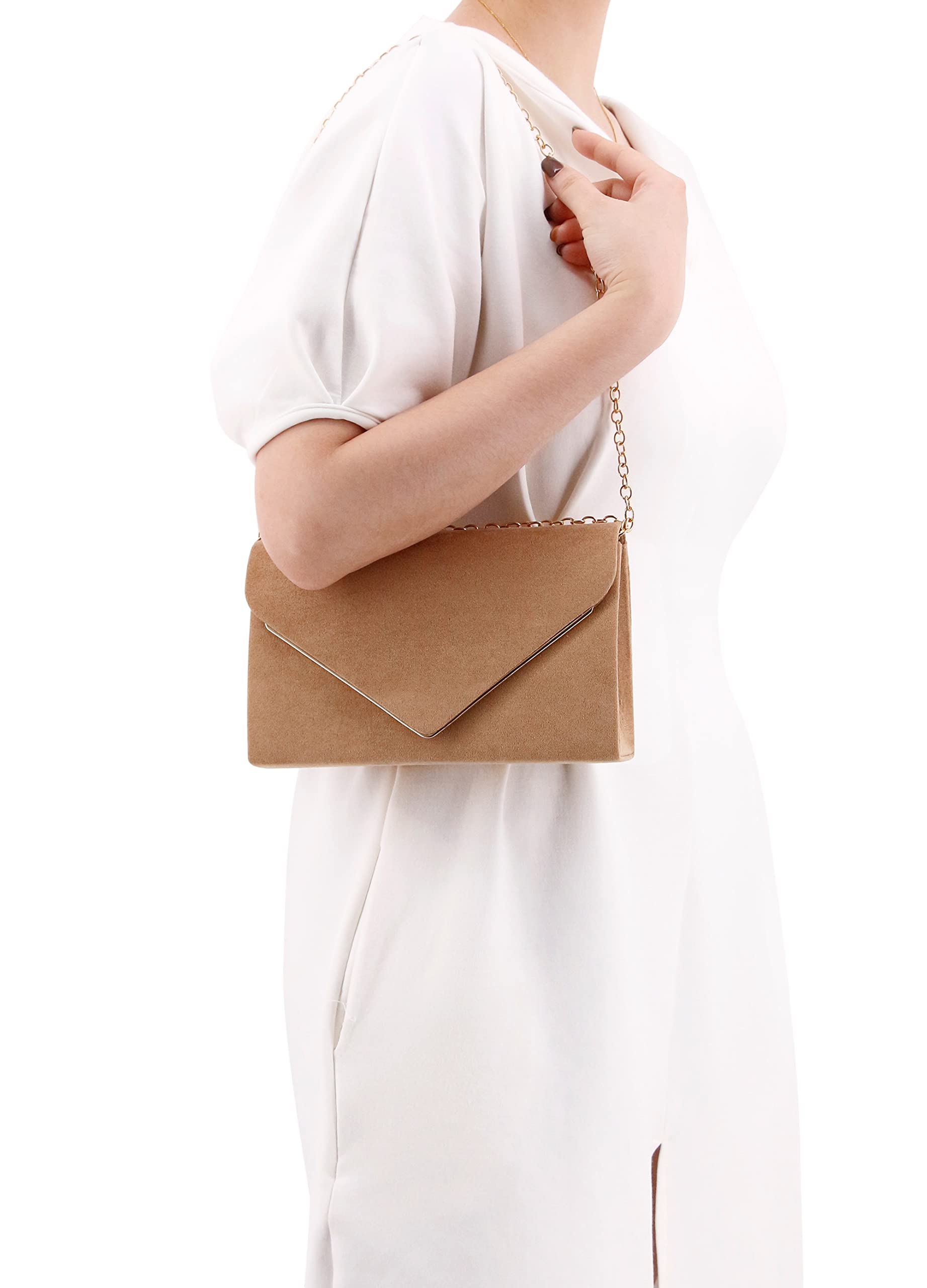 jascaela Women's Faux Suede Evening Clutch Handbags Envelope Evening Purses for Wedding Cocktail Prom Party - Camel