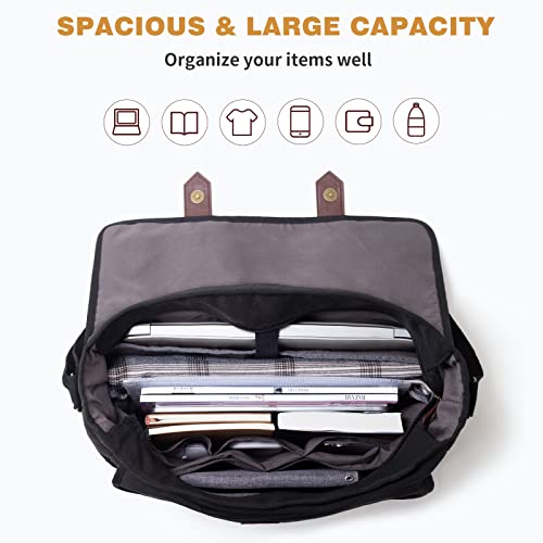 Celvetch Laptop Messenger Bag - PU Leather Briefcase for Men Canvas Shoulder Bag Computer Bag for Work Travel College - Black