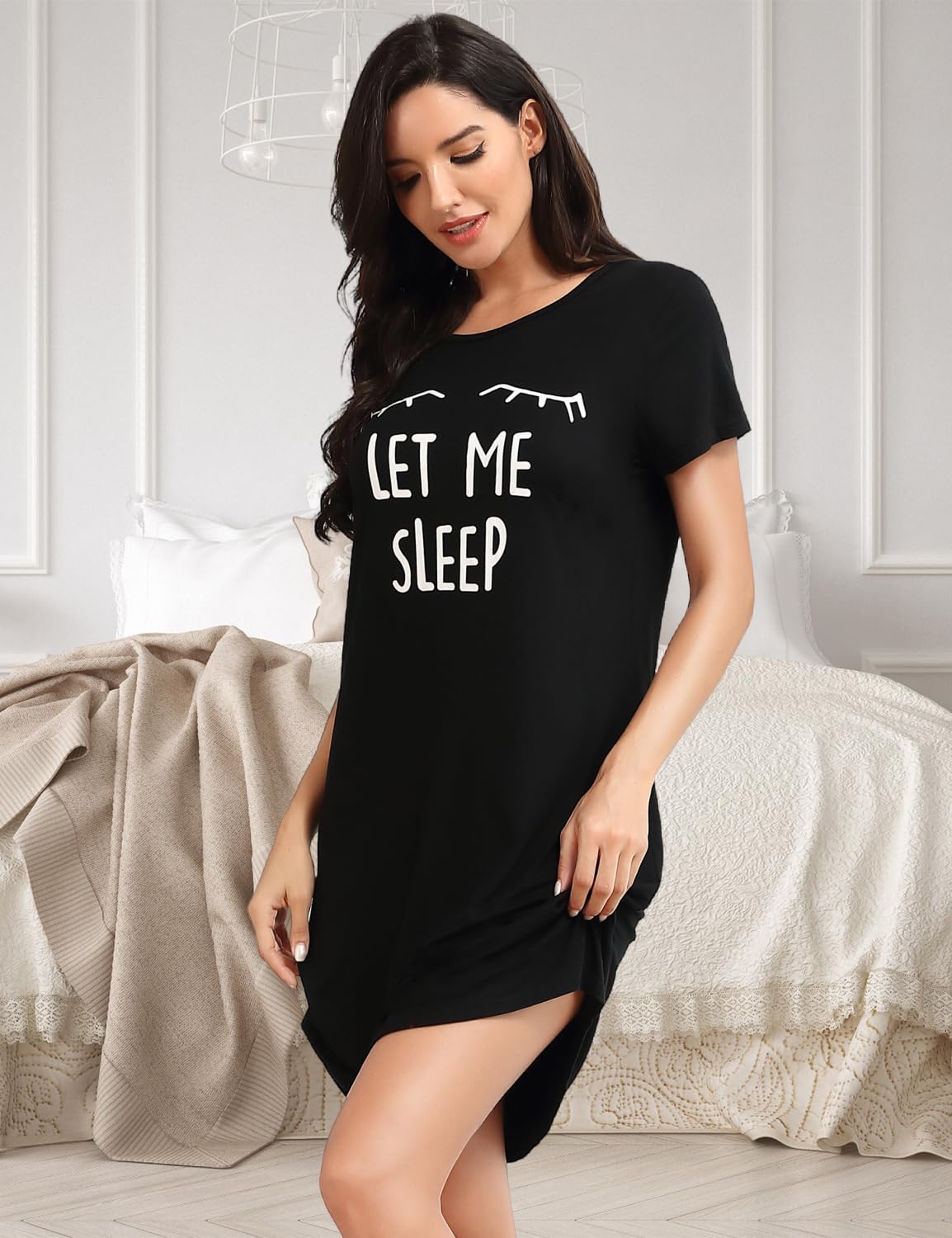 EISHOPEER Womens Sleep Shirts Soft Night Shirt Short Sleeve Nightgown Cute Sleep Wear Dress Black