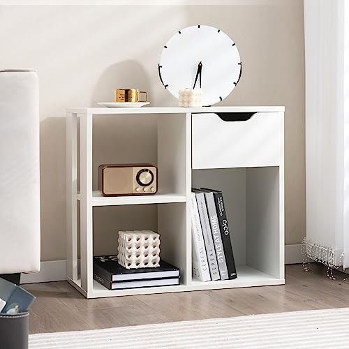 Giantex 3 Cube Bookcase with Drawer White, 21" Wooden Floor Standing Storage Organizer w/Open Storage Cabinet, Freestanding Display Shelf for Bedroom Living Room Kid’s Playroom Reading Nook (1)