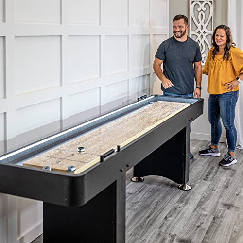 Atomic 9’ LED Shuffleboard Tables with Poly-Coated Playing Surface for Smooth, Fast Puck Action and Pedestal Legs with Levelers for Optimum Stability and Level Play (G04000FE)