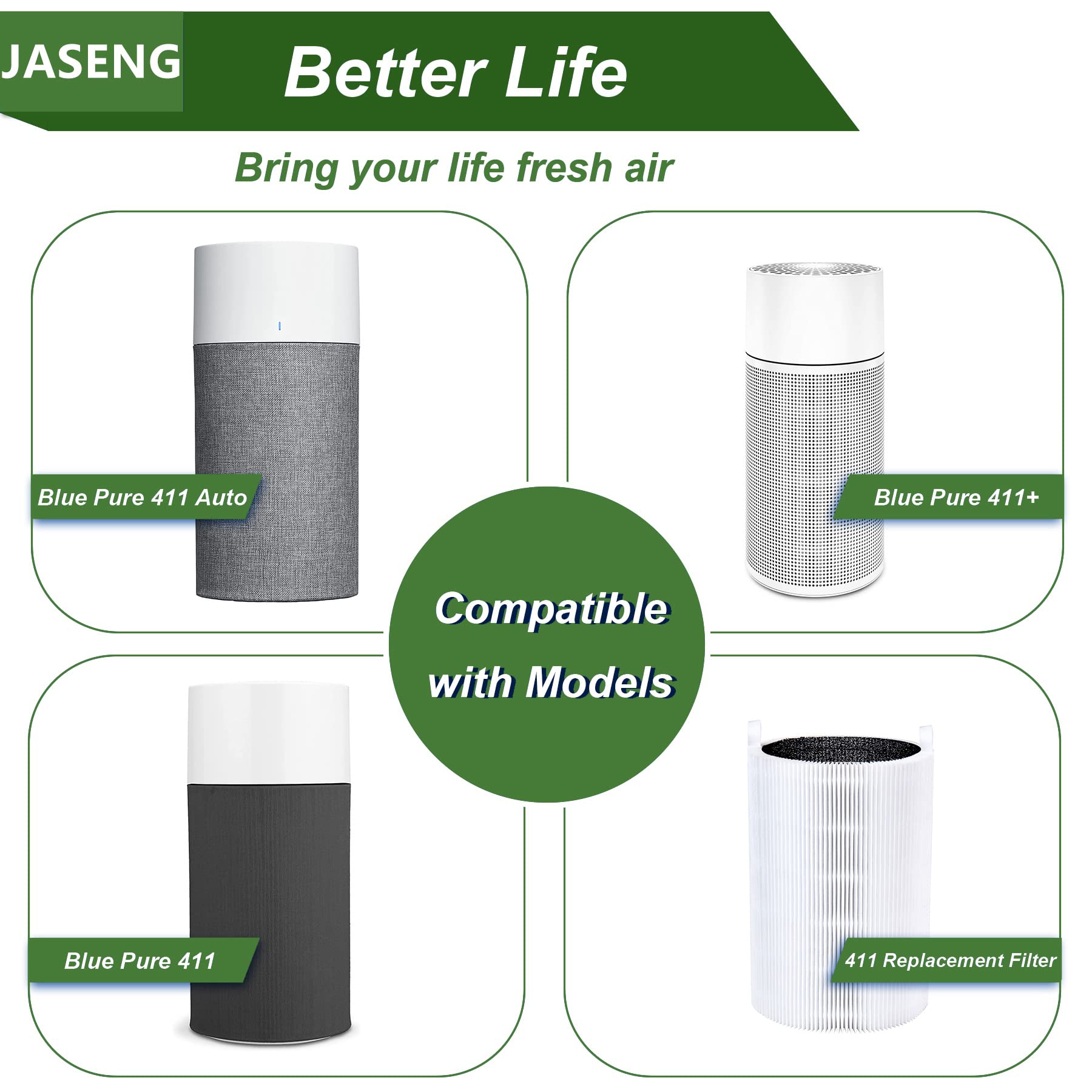 JASENG 411 Replacement Filters for Blueair Blue Pure 411, 411+, 411 Auto and Mini Air Purifier H13 True HEPA and Activated Carbon Filter
