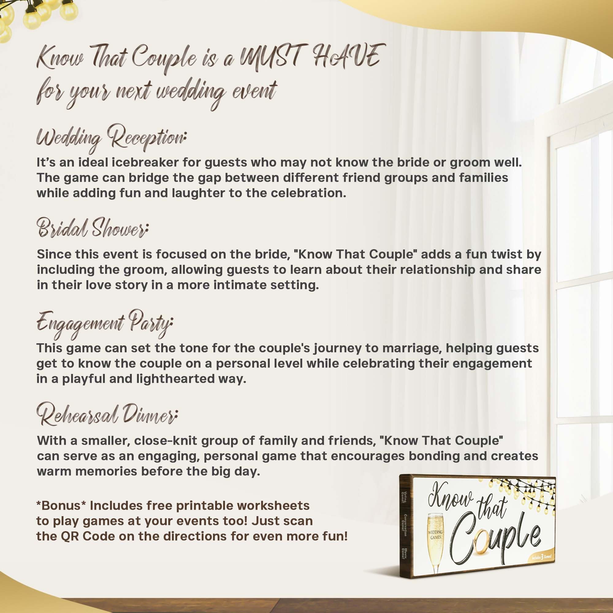 Know That Couple - Engagement Party Games for Guests with Conversation Starters, A Music Game, and a Bride or Groom Game. Includes Printables and Great for Wedding Party Decorations and Bridal Showers