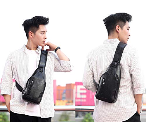 D.LerBung Men's Sling Bag Leather Chest Shoulder Backpack Water Resistant Anti Theft Crossbody Bag with USB Charge Port Black