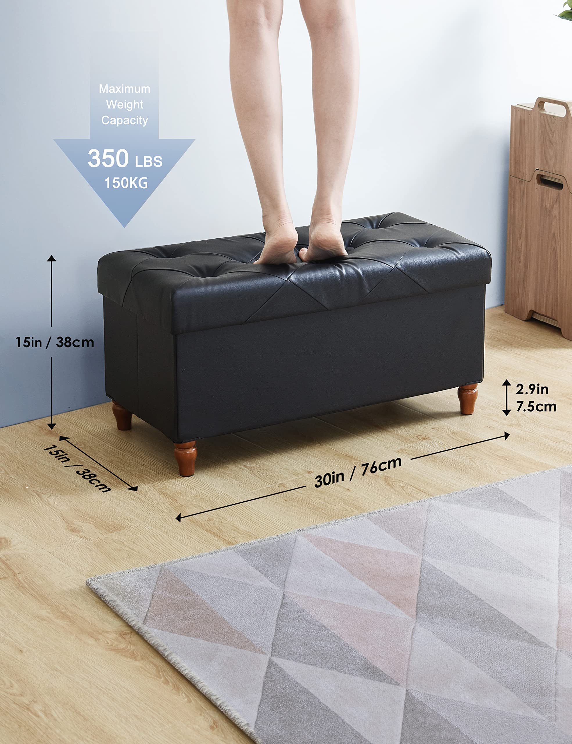 Nicehill 30 inches Folding Storage Ottoman Bench with Wooden Legs, Ottoman with Storage for Living Room & Bedroom,Faux Leather, Load 350lbs, Black