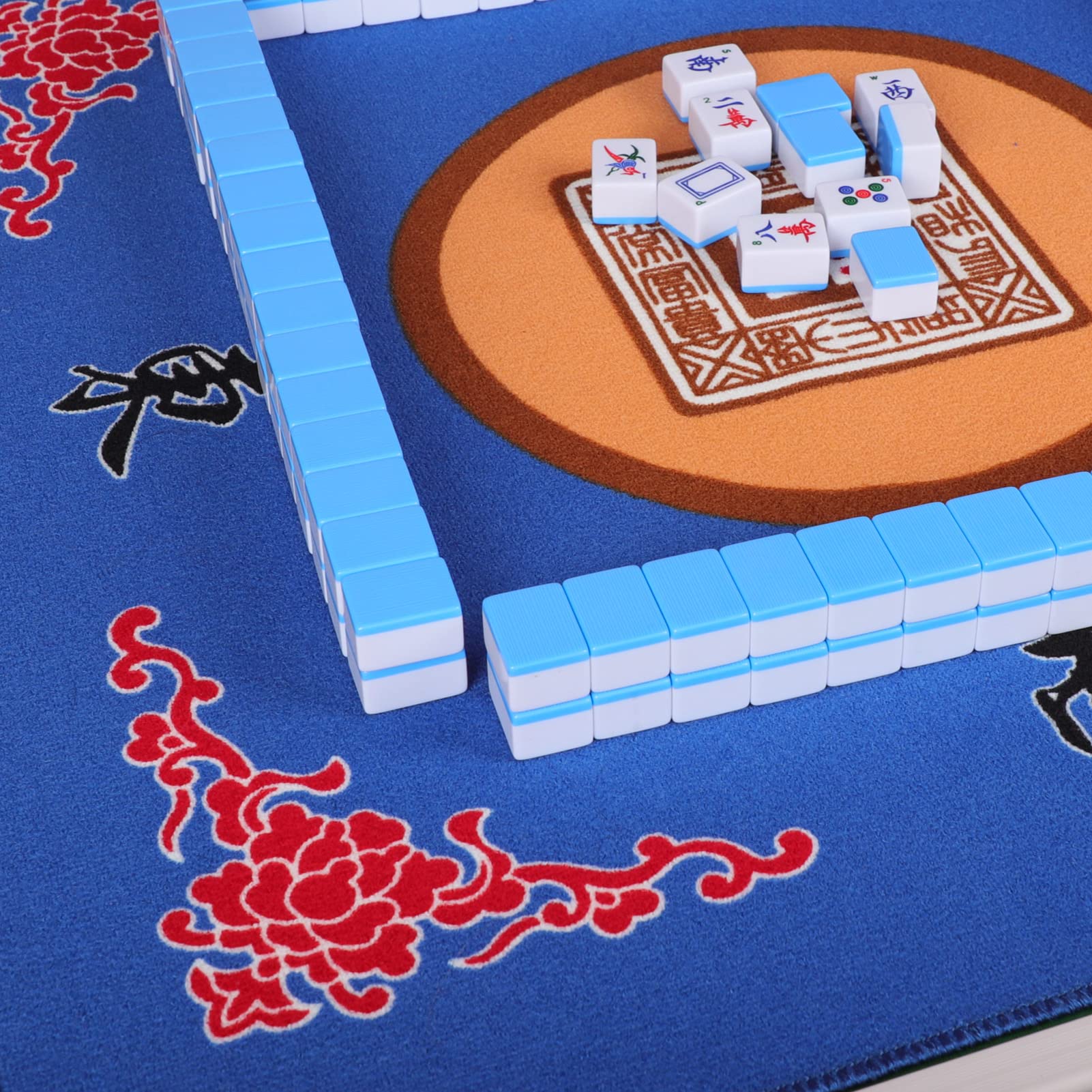 GUSTARIA Mahjong Mat with 3 Dice & Carrying Bag, Anti Slip and Noise Reduction Mahjong Table Mat for Poker, Card, Board & Tile Games (Blue, 31.5 inches)