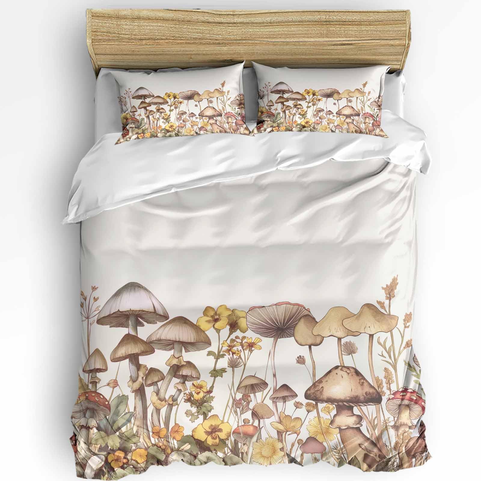 Boanket 3 Pieces Bedding Set Full Size, Vintage Mushroom Soft Duvet Cover Set Comforter Cover Set with Zipper Closure&Corner Ties All-Season Breathable Bedding Set Farmhouse Summer Botanical Floral