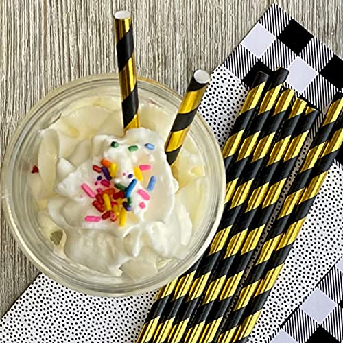 Black and Gold Foil Paper Drinking Straws - Stripe and Solid - 7.75 Inches - 100 Pack - Outside the Box Papers Brand