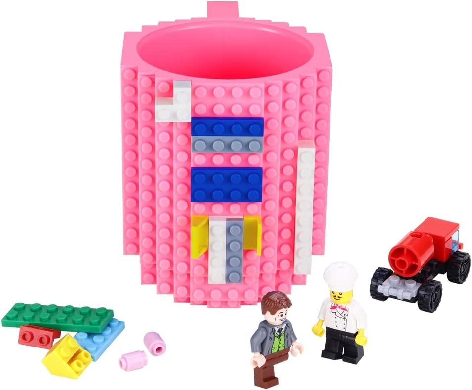 Gvendo Build on Brick Coffee Mug, Fun Gaming Mugs with Handle DIY Pink Large Coffee Cup Funny Gifts for Men Women Office Work or Childhood Education