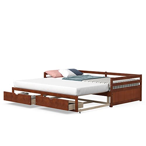 Giantex Extendable Daybed with Trundle and 2 Storage Drawers, Twin to King Daybed with Solid Wood Roll Out Bed Frame, Dual-use Modern Sofa Bed for Teens, Adults, Bedroom, Living Room (Cherry)