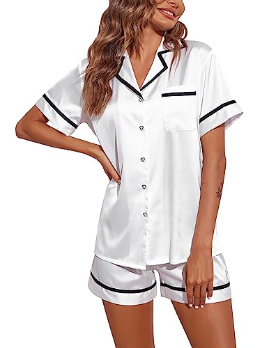 Ekouaer Silk Pjs Set Women's Cute Pajamas Classic Sleepwear Short Sleeve Loungewear Satin Shorts Sets (White,XXL)