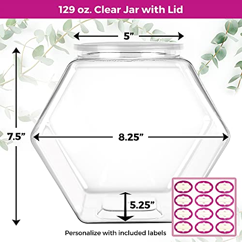 DilaBee Plastic Candy Jars for Candy Buffet, Candy Jars with Lids, Clear Cookie Jars for Kitchen Counter, Candy Dishes for Candy Buffet with Airtight Lid, Candy Bar Containers Set - Hexagonal Jars with Labels [129 Oz, Pack of 2] - Food Grade BPA-Free