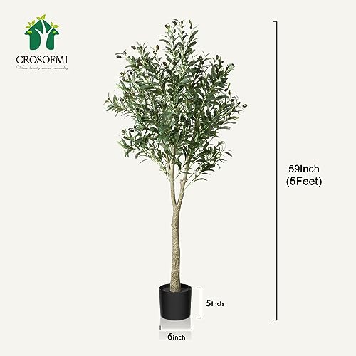 CROSOFMI Artificial Olive Tree Plant 5 Feet Fake Topiary Silk Tree, Perfect Faux Plants in Pot for Indoor Outdoor House Home Office Garden Modern Decoration Housewarming,1Pack