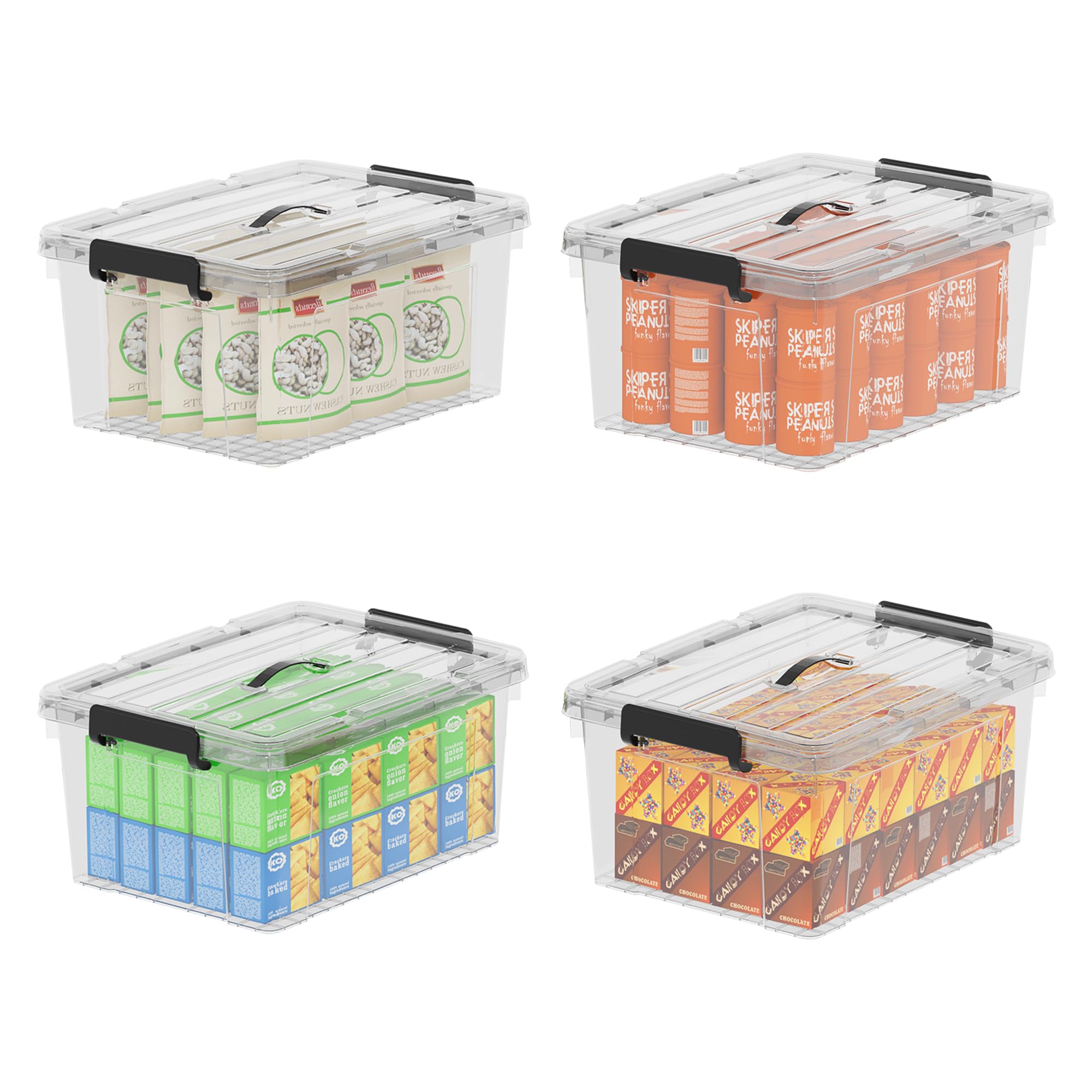 Cetomo 40Qt*4 Plastic Storage Bins, Storage Box, 4 Pack, Tote Organizing Container with Durable Lid, Secure Clips and Handle, Stackable and Nestable, Clear with Black Buckle