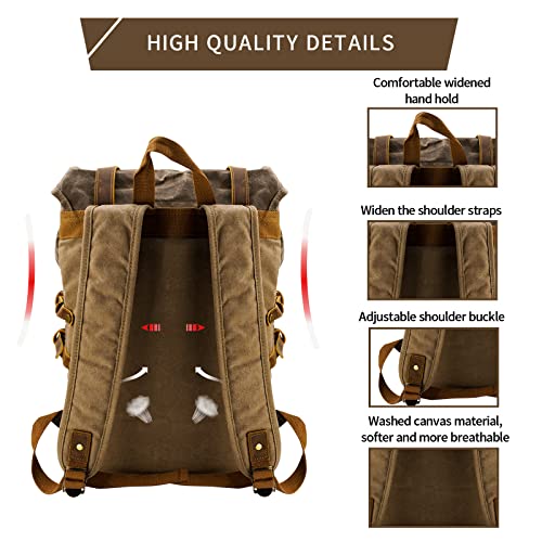 CRUITBILI Waxed Canvas Leather Hiking Travel Waterproof Backpack For College Weekend Travel Fit 15in Laptops (Army Green)