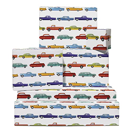 CENTRAL 23 Car Wrapping Paper For Men - 6 Sheets White Gift Wrap - Vintage Cars - For Birthday Valentines Christmas Anniversary - Comes With Fun Stickers - Recyclable