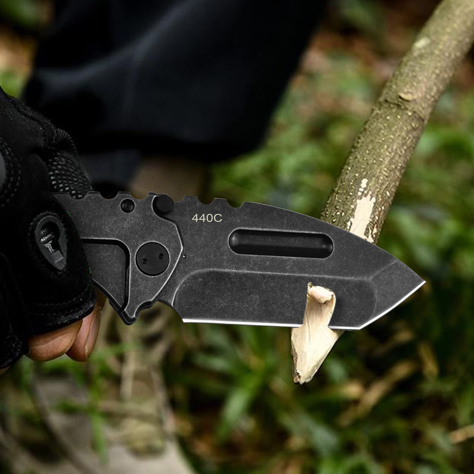 AUBEY Folding Pocket Knife with Tanto Tumbled Black 440C Steel Blade, Liner Lock, G10 Steel Handle, Clip, Glass Breaker, EDC Tool Knife for Men Hunting, Magic Axe