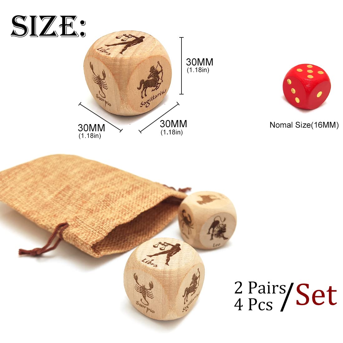 Hometu Creative 30MM Wooden Constellation Dice Set, Laser Engraved 6-Sided Wood Big Zodiac Dices for Constellation Divination Accessory (2Pcs/Set(1Pair), V1)